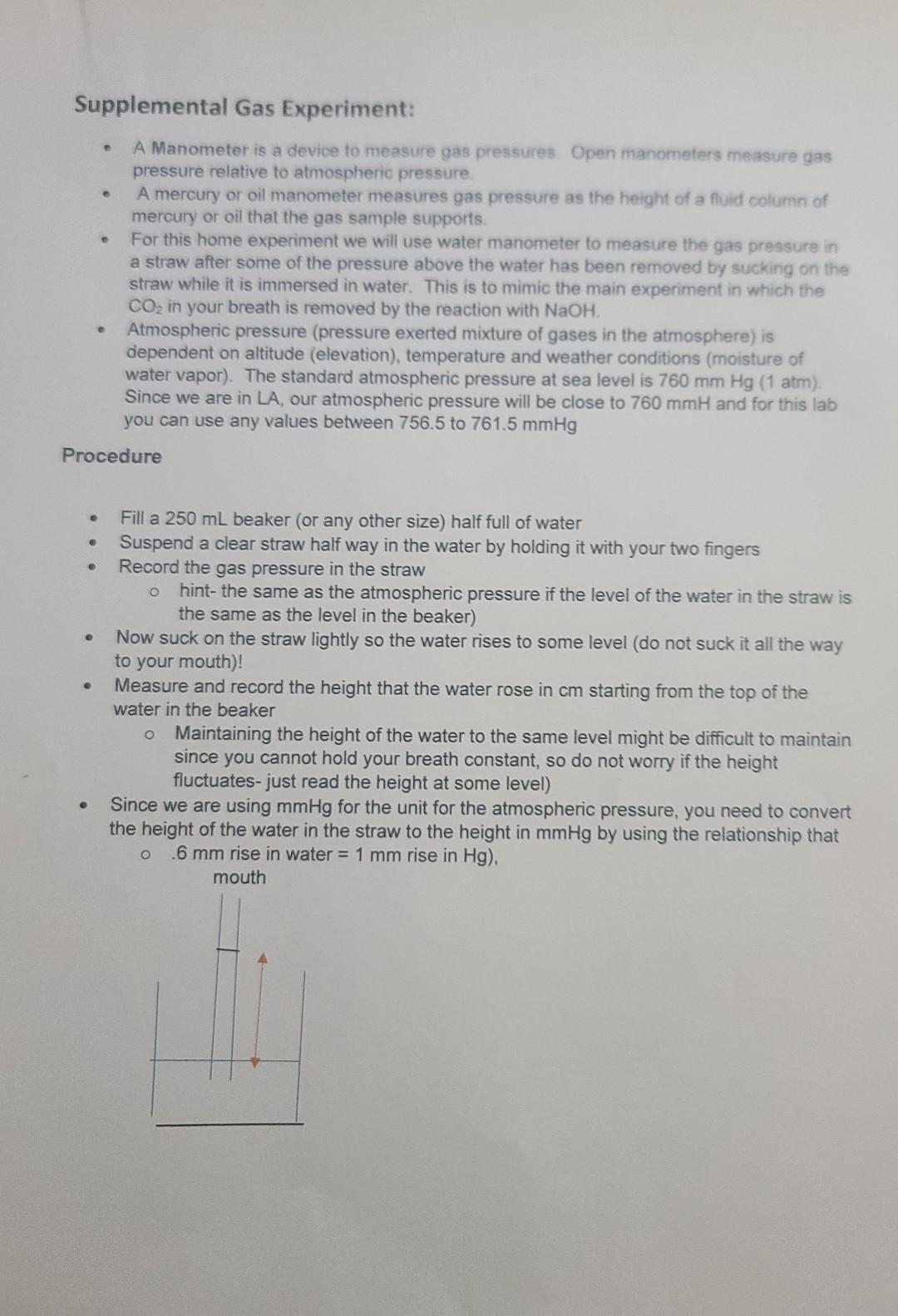 Supplemental Gas Experiment: A Manometer is a device | Chegg.com