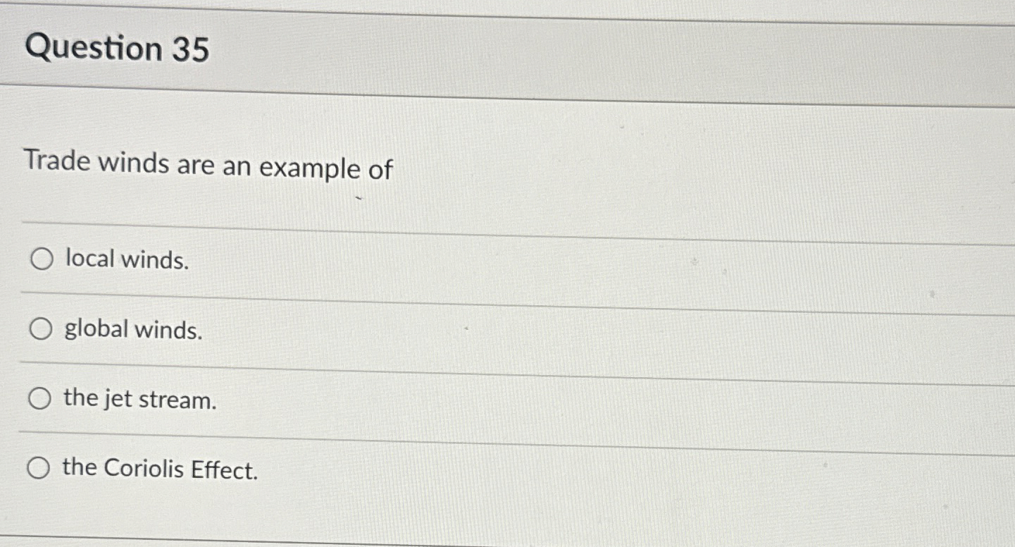 Solved Question 35Trade winds are an example oflocal | Chegg.com