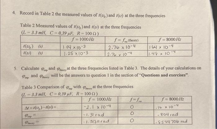 Solved 4. Record in Table 2 the measured values of t(vR) and | Chegg.com