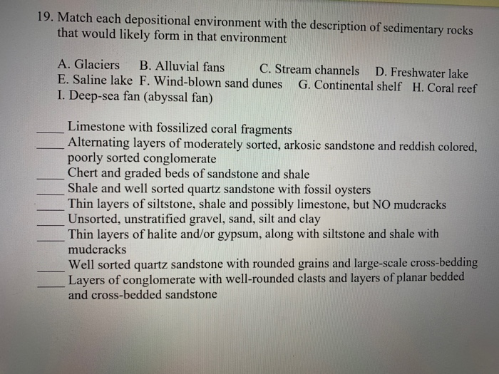 Solved 19. Match each depositional environment with the | Chegg.com