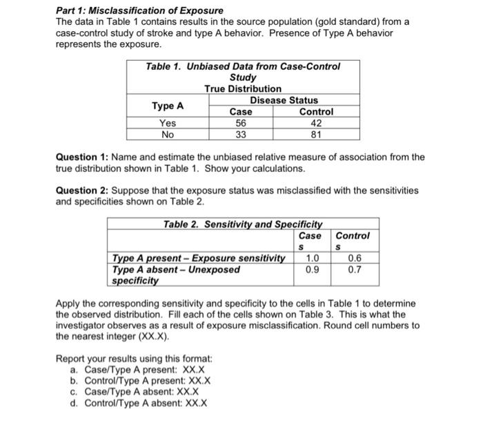 Solved Part 1: Misclassification of Exposure The data in | Chegg.com