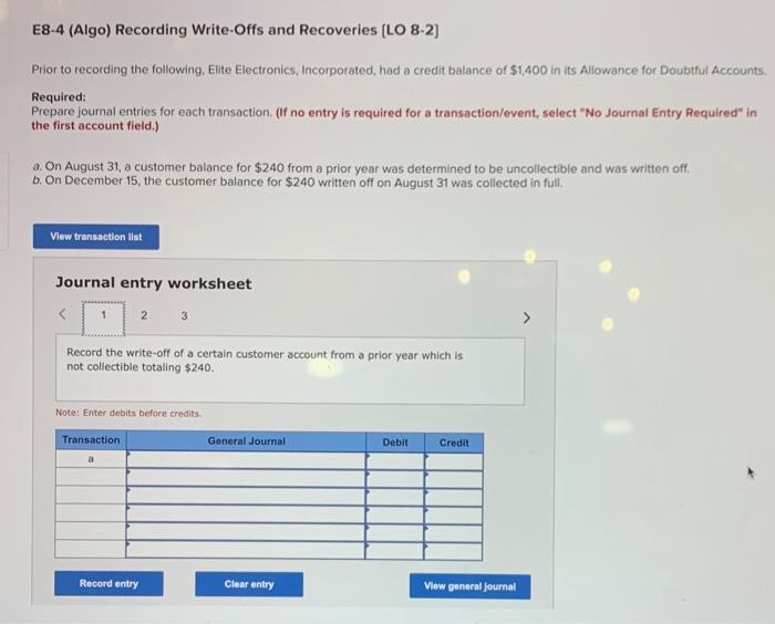 Solved E8-4 (Algo) Recording Write-Offs and Recoveries [LO | Chegg.com