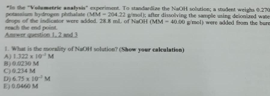 Solved "Is the "Volumetric analysis" experiment. To | Chegg.com