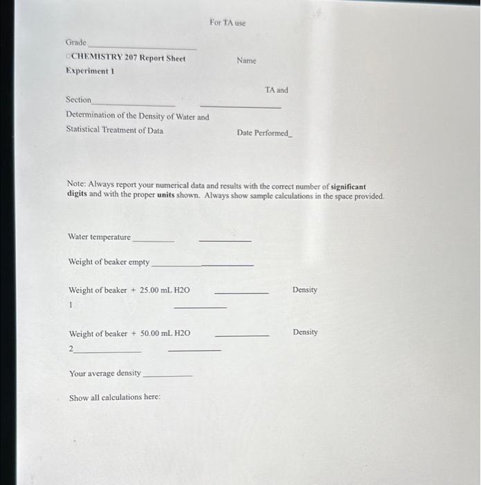 CHEMISTRY 207 Report Sheet Experiment 1 Section | Chegg.com