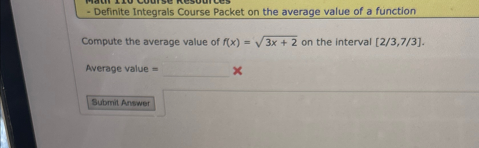 Solved Definite Integrals Course Packet on the average value | Chegg.com
