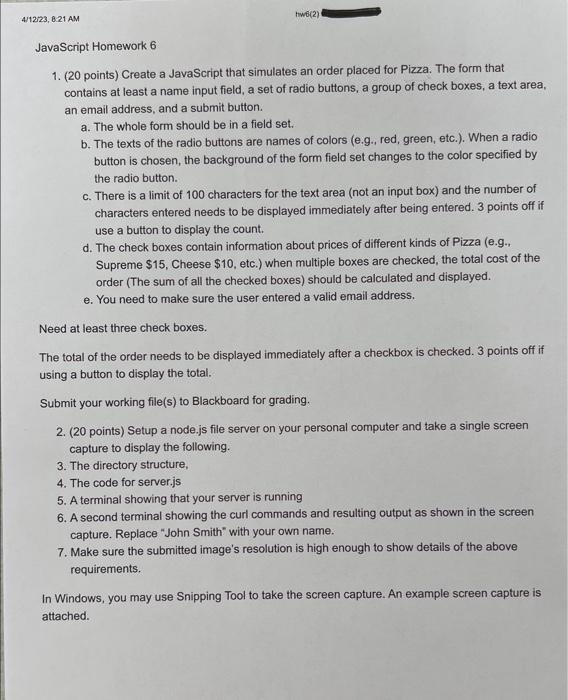 Solved JavaScript Homework 6 1. (20 points) Create a | Chegg.com