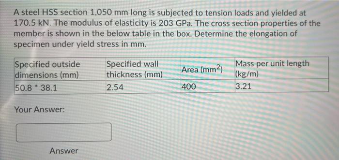 Solved A steel HSS section 1,050 mm long is subjected to | Chegg.com