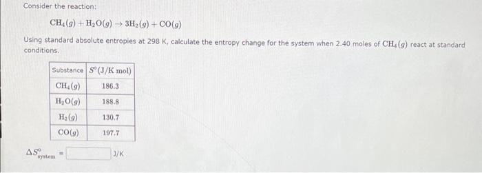 Solved Consider the reaction: CH4(g)+H2O(g)→3H2(g)+CO(g) | Chegg.com