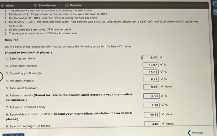 Solved Ratio Analysis Byers Company presents the following | Chegg.com
