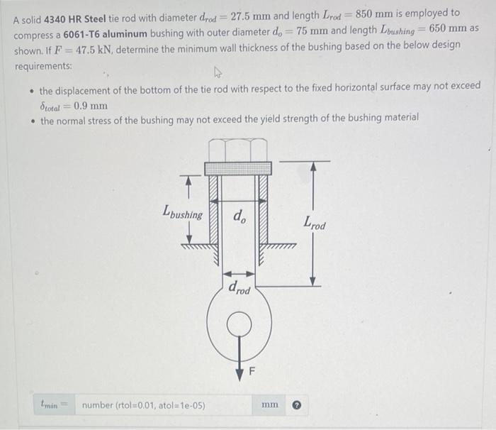 Solved A solid 4340 HR Steel tie rod with diameter drod = | Chegg.com