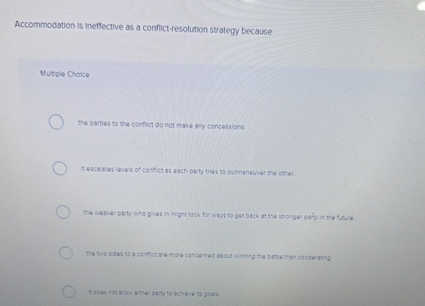 Solved Accommodation is ineffective as a conflict-resolution | Chegg.com