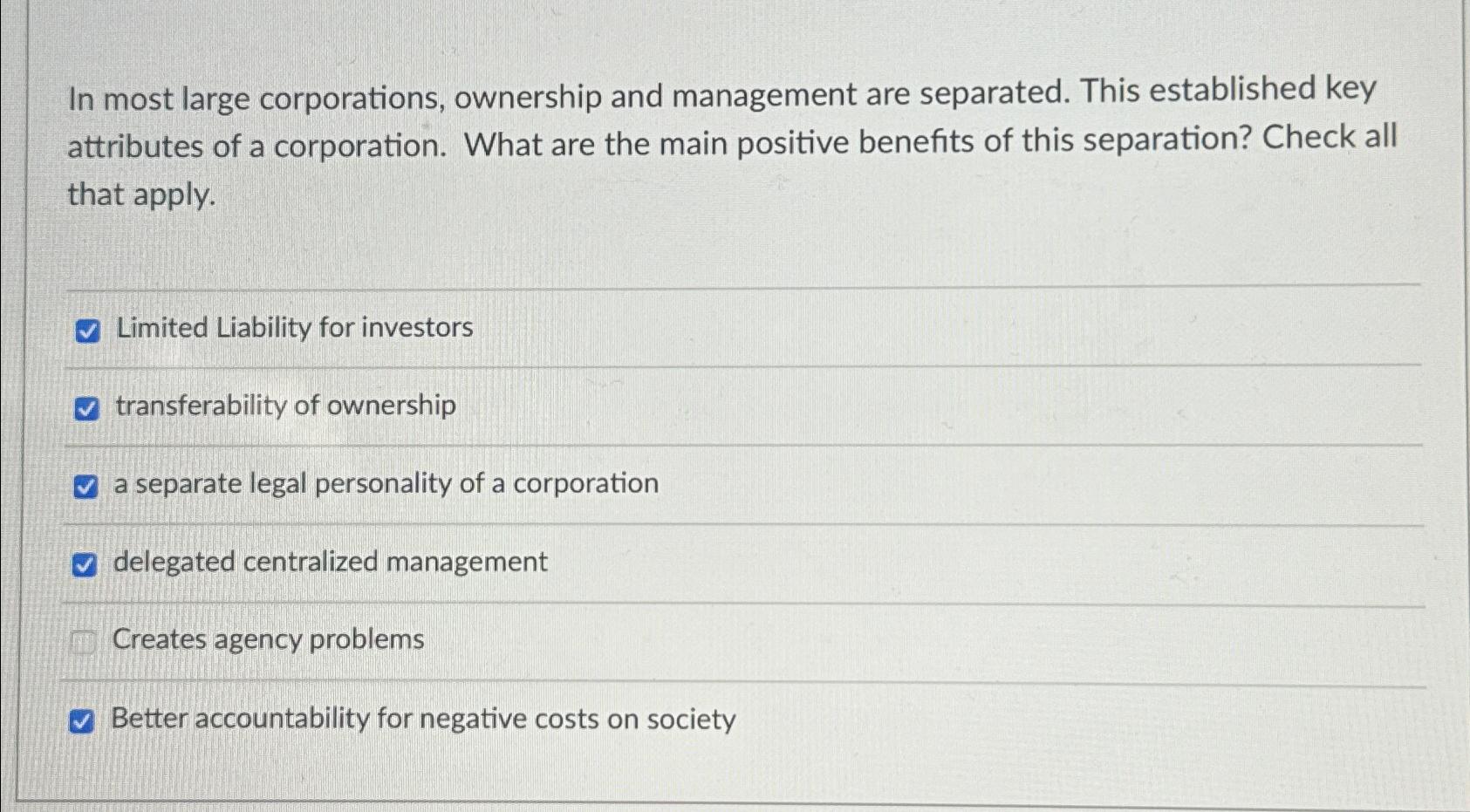 Solved In most large corporations, ownership and management | Chegg.com