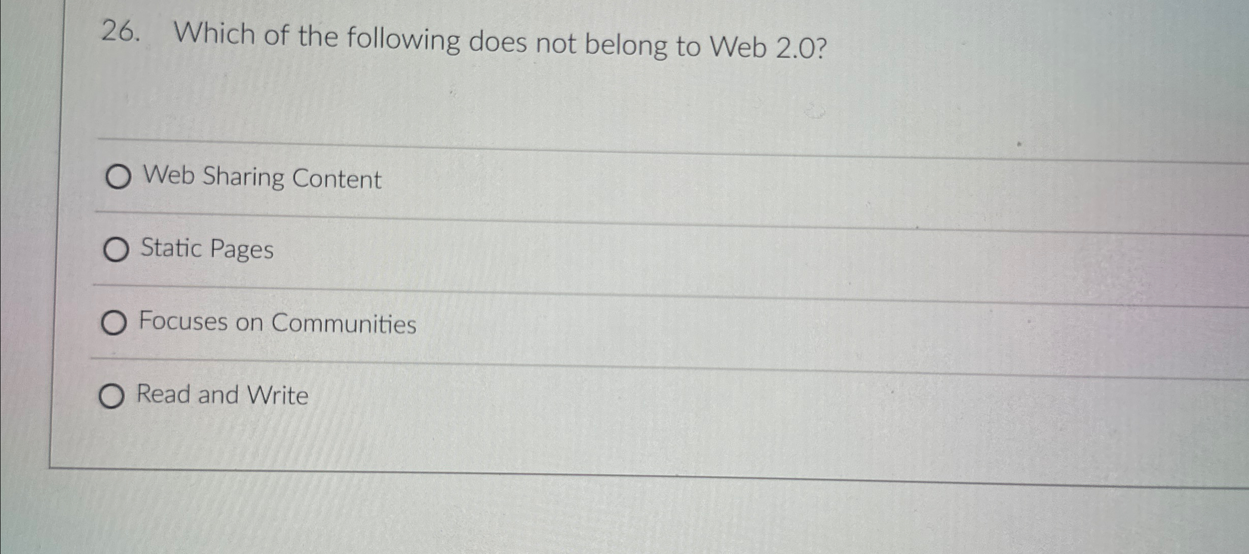 Solved Which of the following does not belong to Web 2.0?Web | Chegg.com