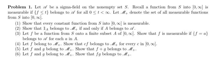 Solved Problem 1. Let A be a sigma-field on the nonempty set | Chegg.com