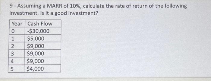 Solved 9 - Assuming a MARR of 10%, calculate the rate of | Chegg.com