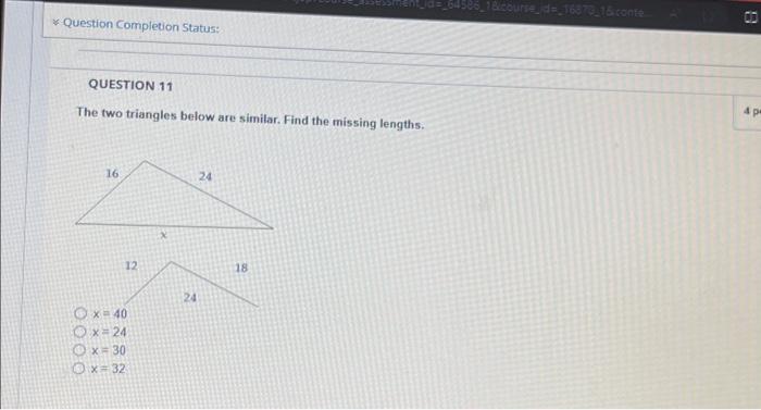 Solved The two triangles below are similar. Find the missing | Chegg.com