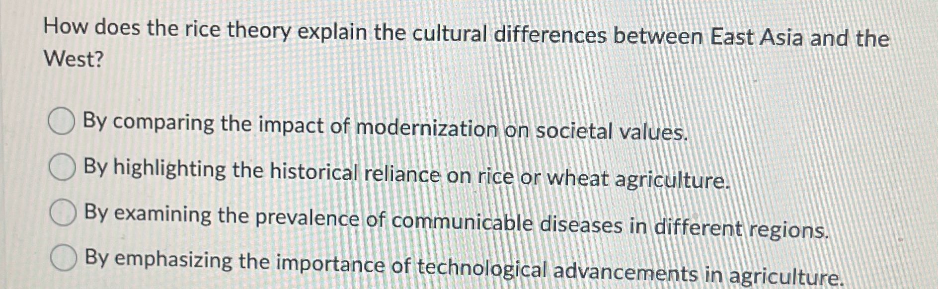 Solved How does the rice theory explain the cultural | Chegg.com