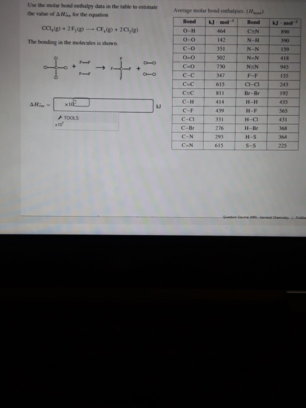 Solved Use the molar bond enthalpy data in the table to | Chegg.com