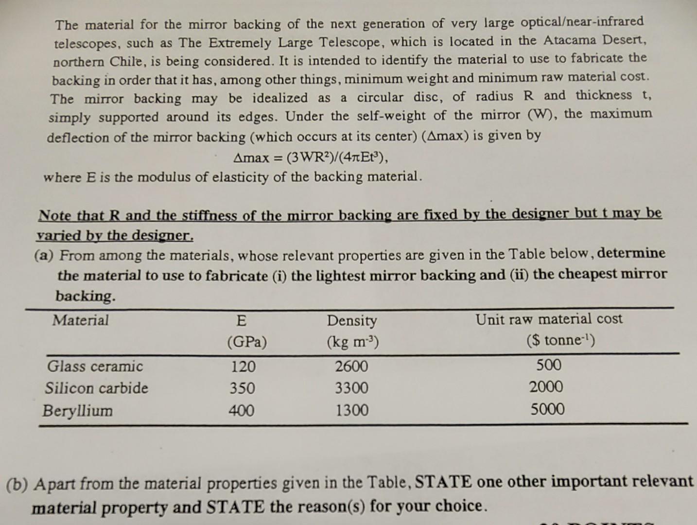 Solved The material for the mirror backing of the next | Chegg.com
