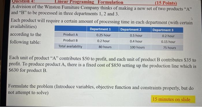 Solved Question 4: Linear Programing Formulation (15 Points) | Chegg.com