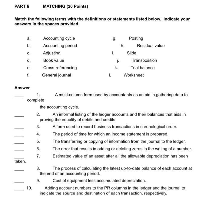 Solved PARTI MATCHING Match the following terms with the | Chegg.com