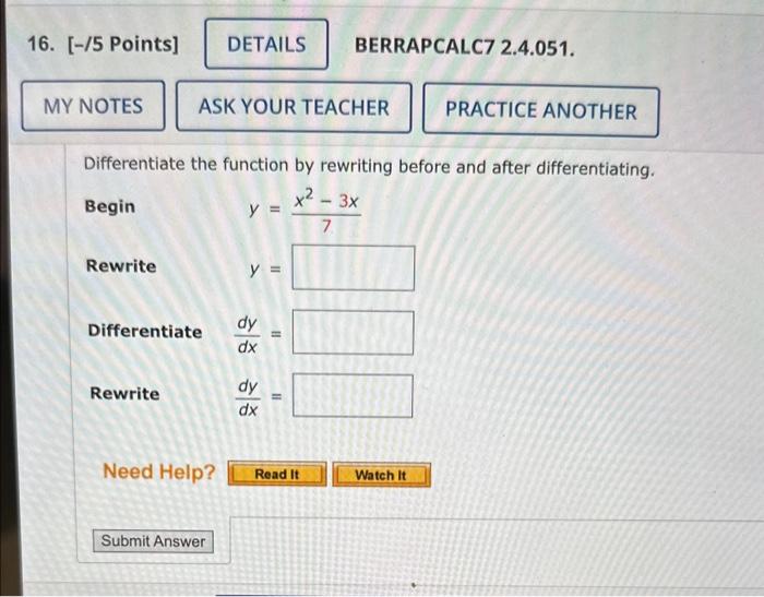Solved Differentiate the function by rewriting before and | Chegg.com