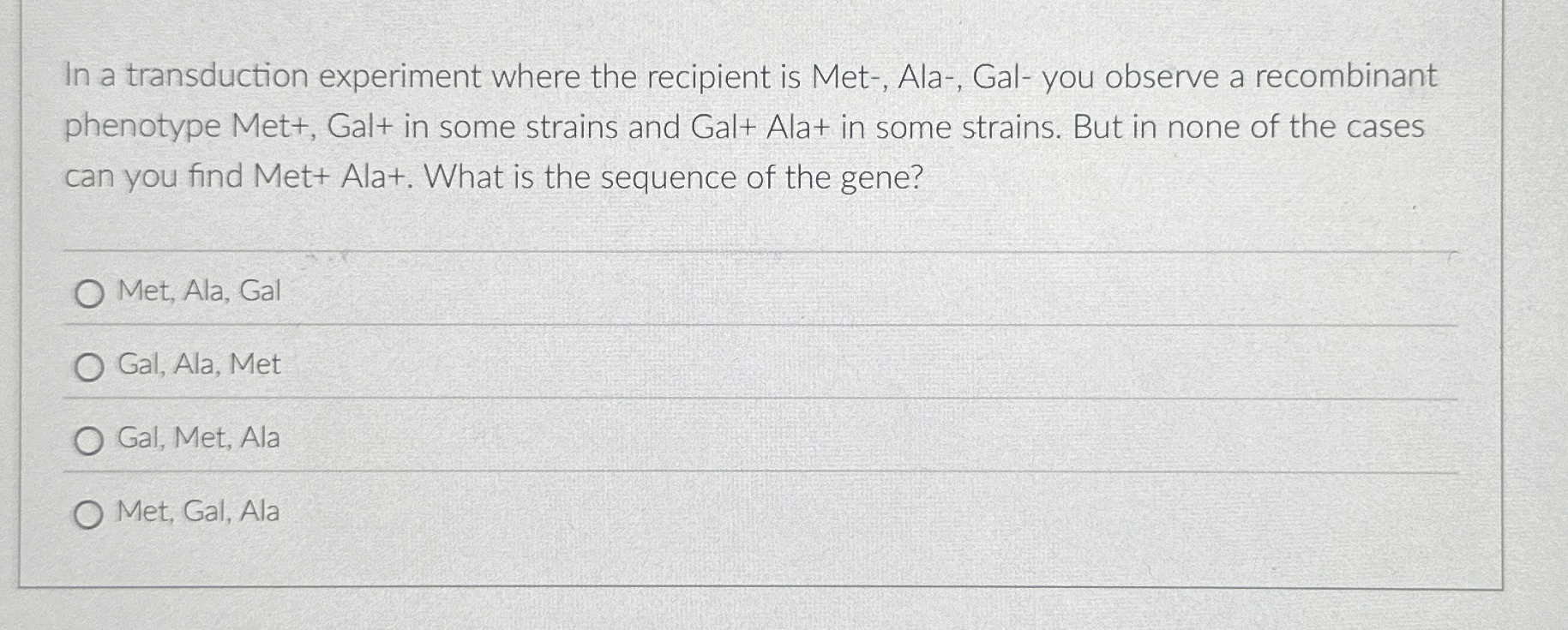 Solved In a transduction experiment where the recipient is | Chegg.com