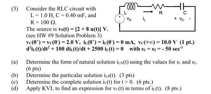 Solved (3) Consider the RLC circuit with L=1.0H,C=0.40mF, | Chegg.com