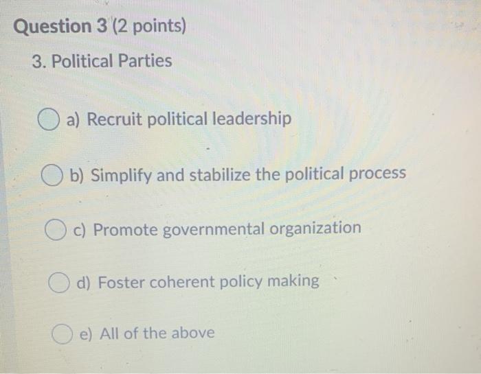 Solved Question 3 (2 points) 3. Political Parties a) Recruit | Chegg.com