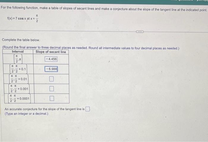 Solved For The Following Function Make A Table Of Slopes Of