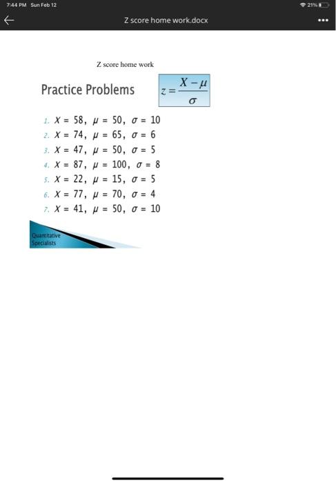 Solved Z score home work Practice Problems z=σX−μ 1. | Chegg.com