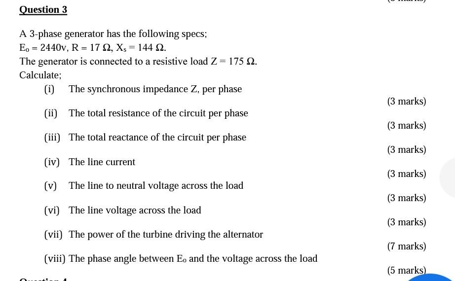 Solved A 3-phase generator has the following specs; | Chegg.com