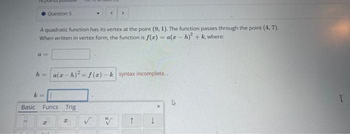 Solved A quadratic function has its vertex at the point | Chegg.com