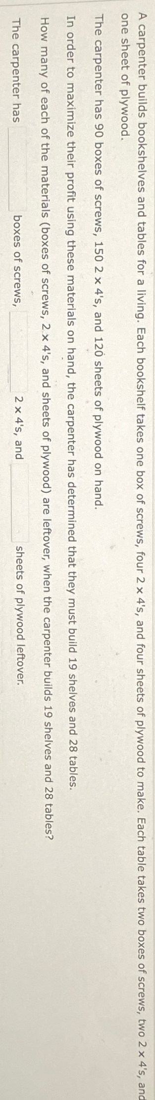 Solved A carpenter builds bookshelves and tables for a | Chegg.com