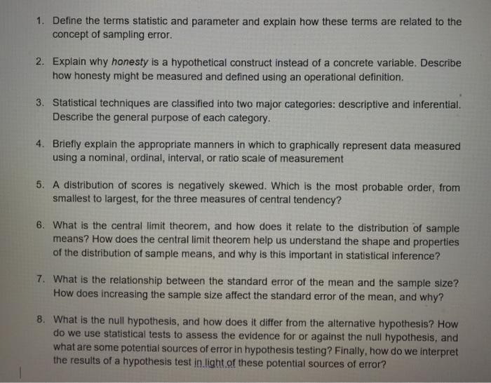 Solved 1. Define the terms statistic and parameter and | Chegg.com