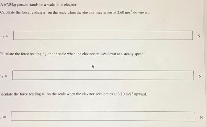 Solved A 67.0−kg person stands on a scale in an elevator. | Chegg.com