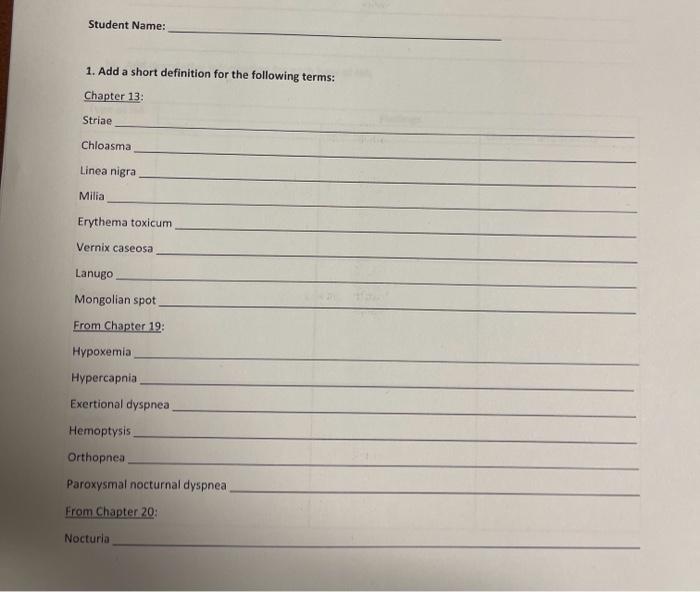 Solved Student Name: 1. Add a short definition for the | Chegg.com