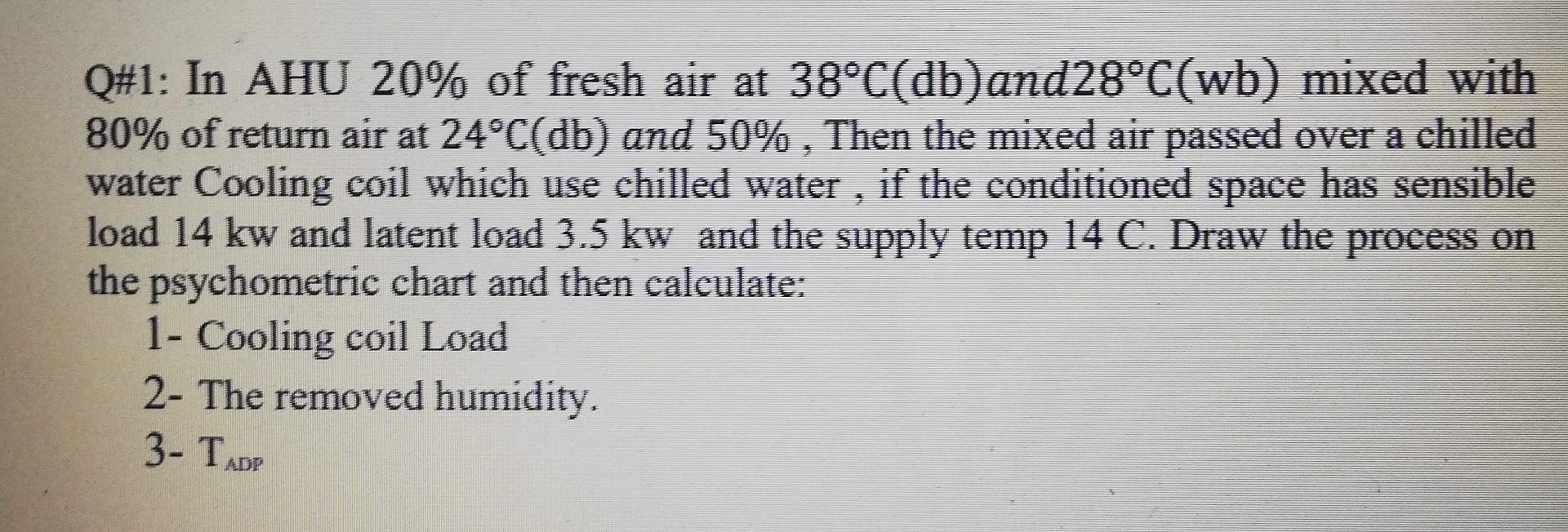 Solved Q\#1: In AHU 20% of fresh air at 38∘C(db) and | Chegg.com