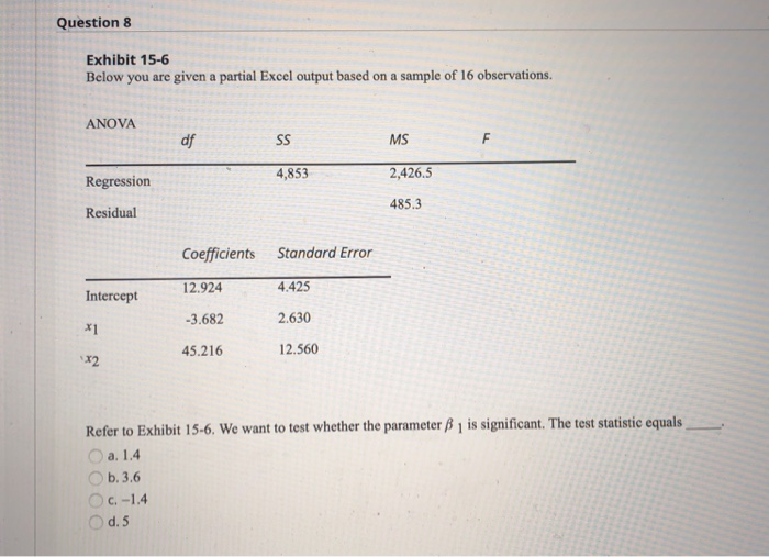Solved Question 8 Exhibit 15-6 Below you are given a partial | Chegg.com