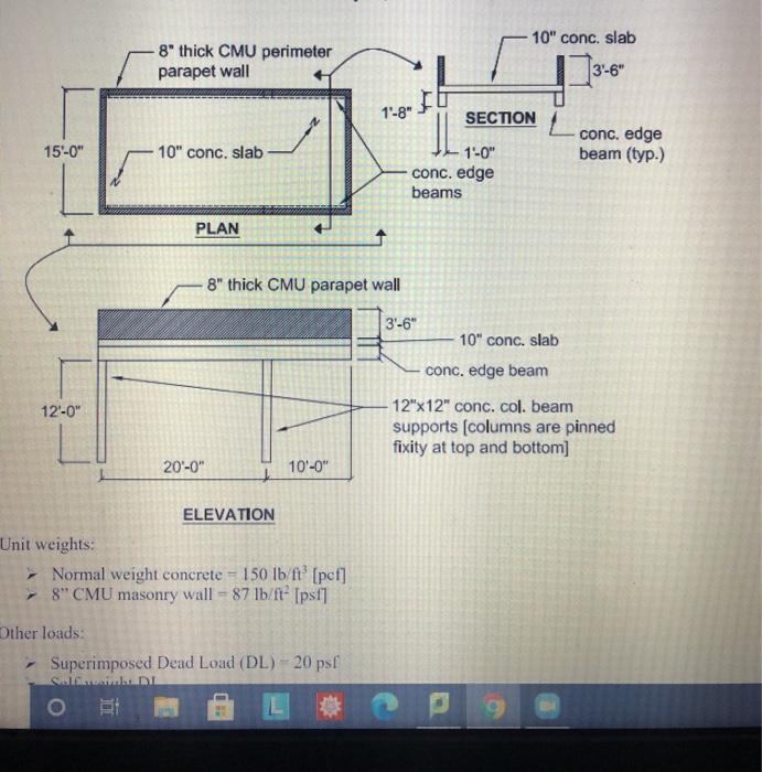 Solved 10" conc. slab 8" thick CMU perimeter parapet wall | Chegg.com
