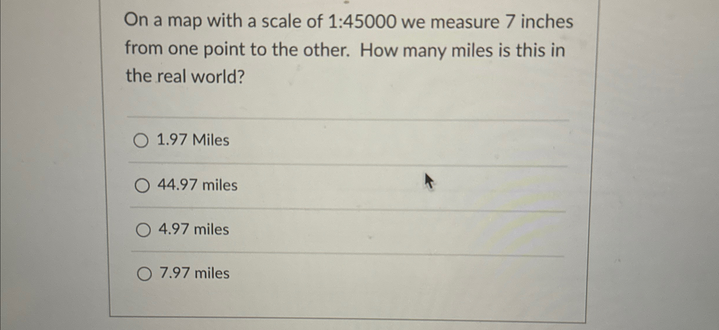 Solved On a map with a scale of 1:45000 ﻿we measure 7 | Chegg.com