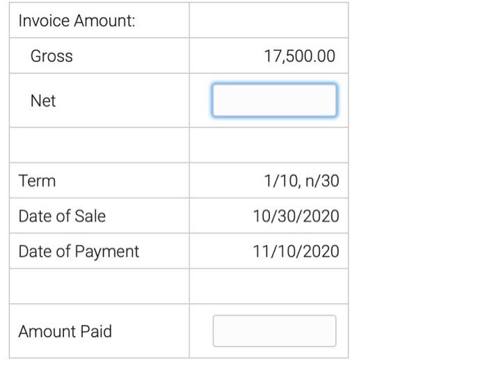 Solved Invoice Amount: Gross 17,500.00 Net Term 1/10, n/30 | Chegg.com