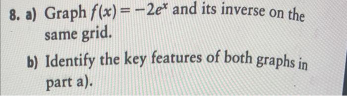 Solved 8. a) Graph f(x)=−2ex and its inverse on the same | Chegg.com