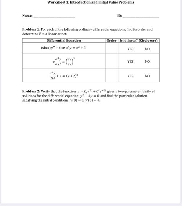 Solved Worksheet 1: Introduction and Initial Value Problems | Chegg.com