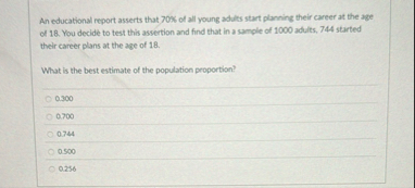 Solved An educational report asserts that 70% ﻿of all young | Chegg.com