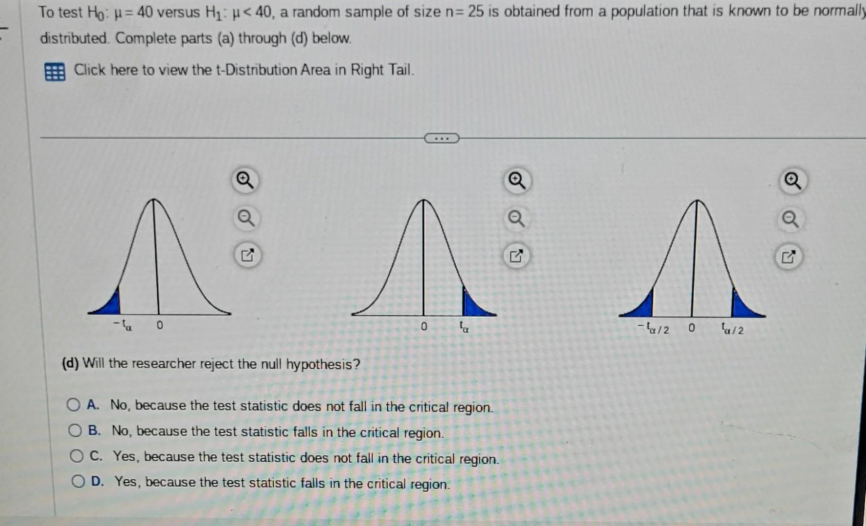 Solved To test H0:μ=40 versus H1:μ