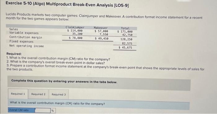 Solved Exercise 5-10 (Algo) Multiproduct Break-Even Analysis | Chegg.com