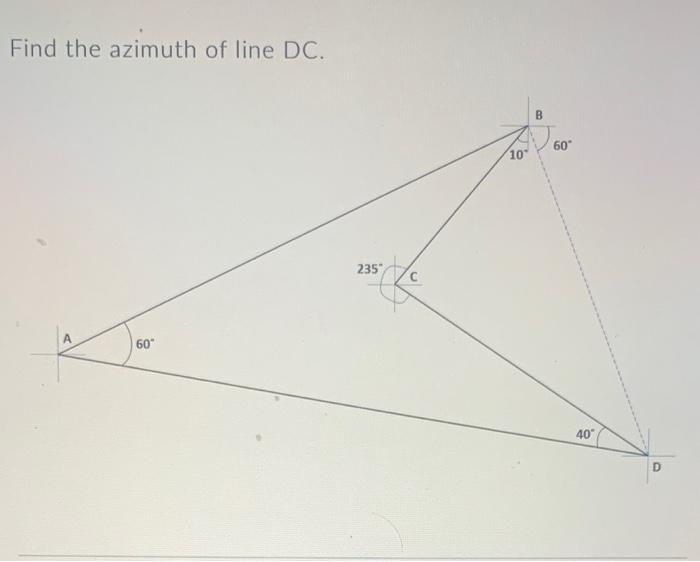 Solved Find the azimuth of line DC. 60° 235" 10 B 60° 40° | Chegg.com