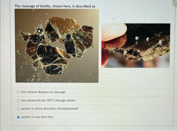 Solved The cleavage of biotite, shown here, is described as | Chegg.com