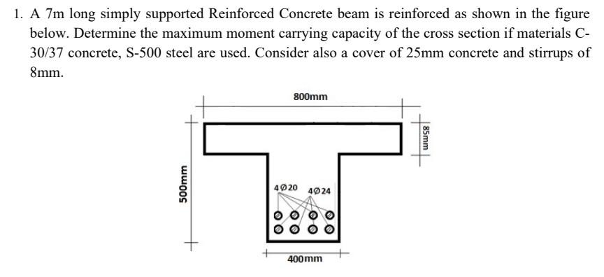 Solved 1. A 7 m long simply supported Reinforced Concrete | Chegg.com
